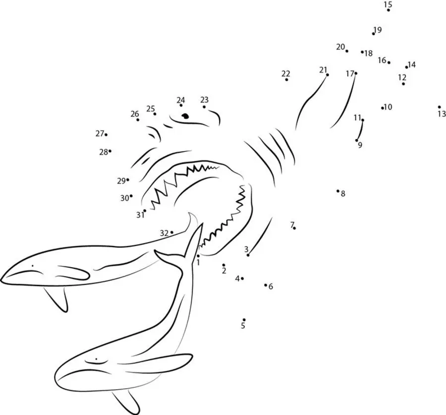 Connect the dots: Shark, printable for kids & adults, free