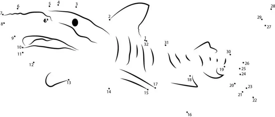 Connect the dots: Shark, printable for kids & adults, free