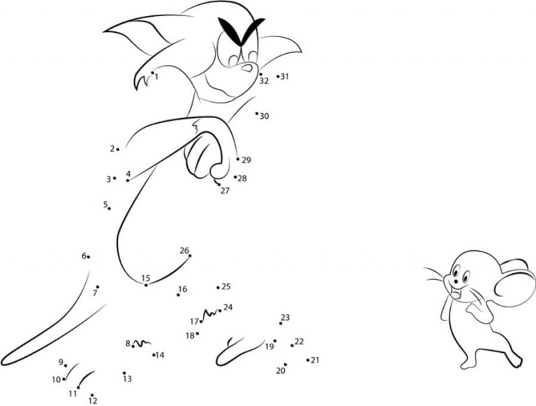 Connect the dots: Tom and Jerry, printable for kids & adults, free