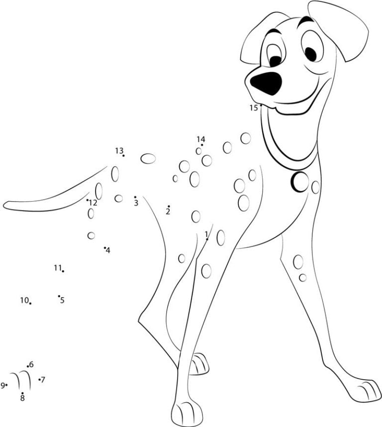 Connect the dots: 101 Dalmatians, printable for kids & adults, free