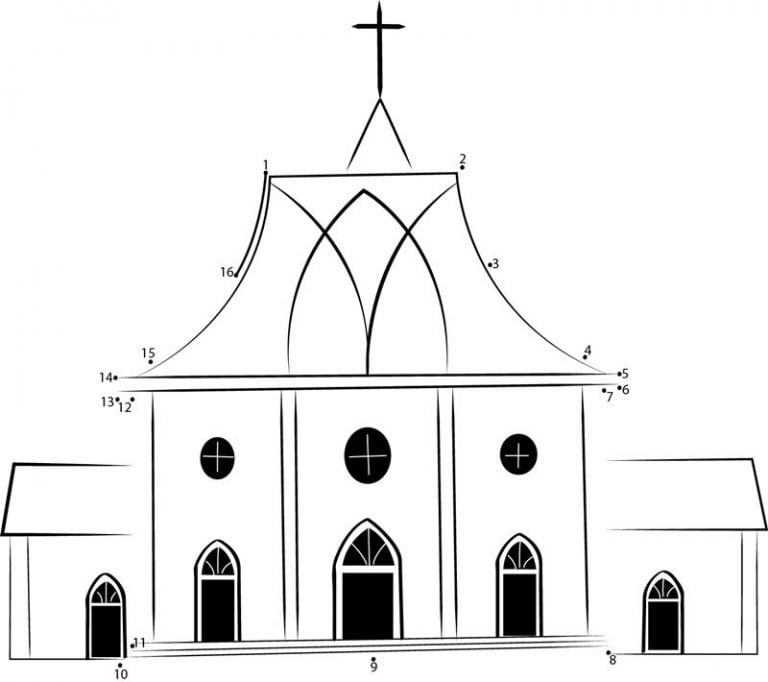 Connect the dots: Church, printable for kids & adults, free