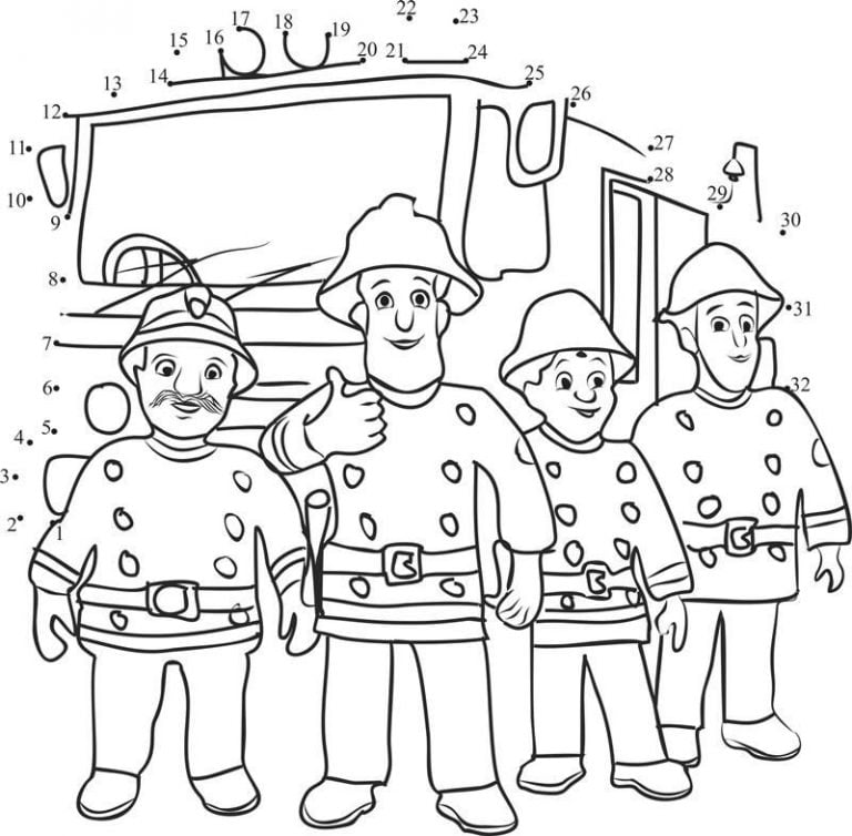 Connect the dots: Fireman Sam, printable for kids & adults, free