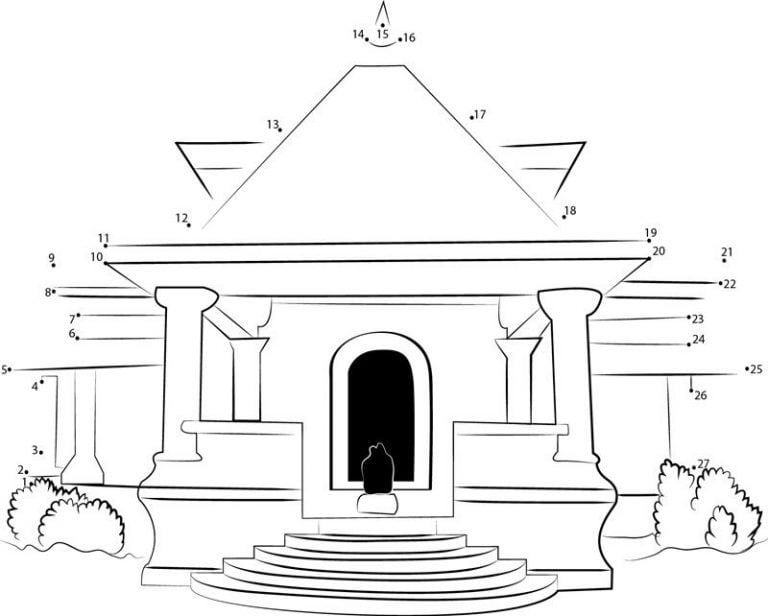 Connect the dots: Temple, printable for kids & adults, free